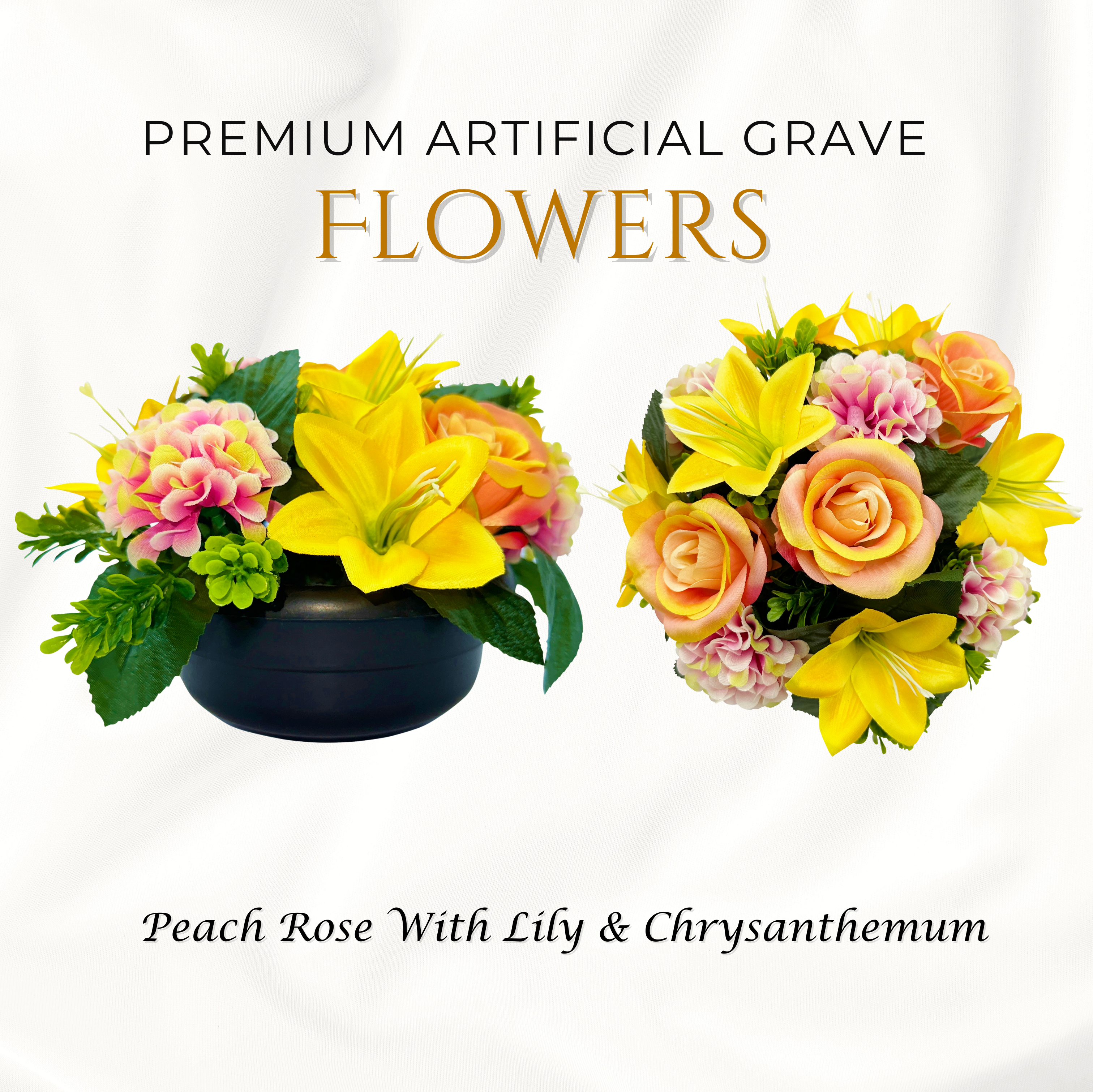 Premium Artificial Grave Flowers – 24cm Peach Rose With Lily & Chrysan