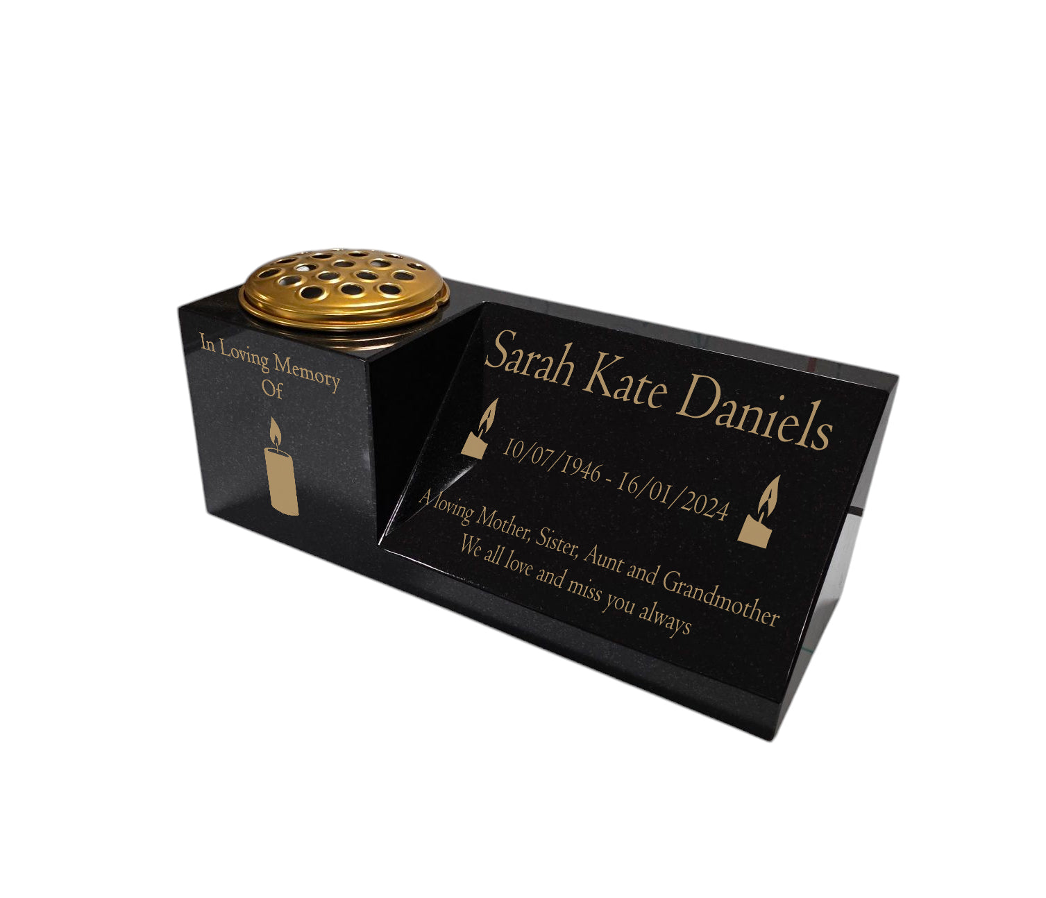 Granite Memorial Vase and Plaque Combination – Candle Design, Solid Gr