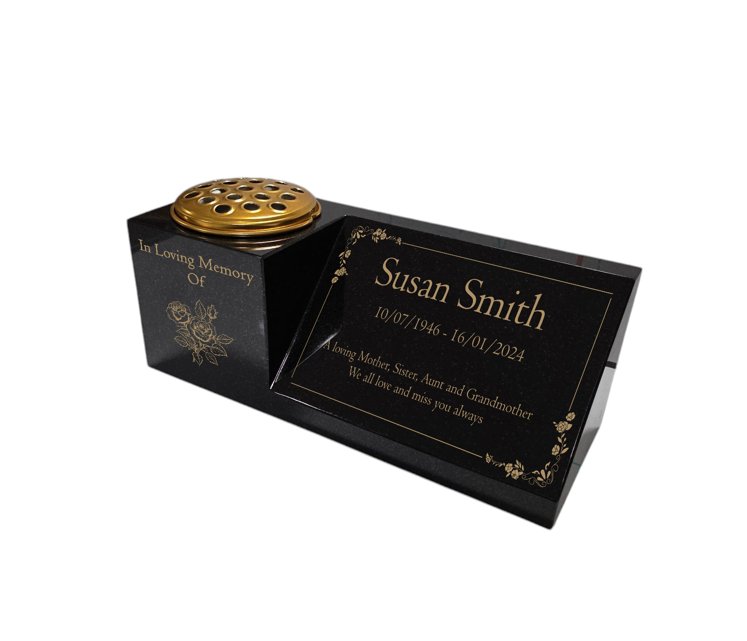 Granite Memorial Vase and Plaque Combination – Floral Design, Solid Gr